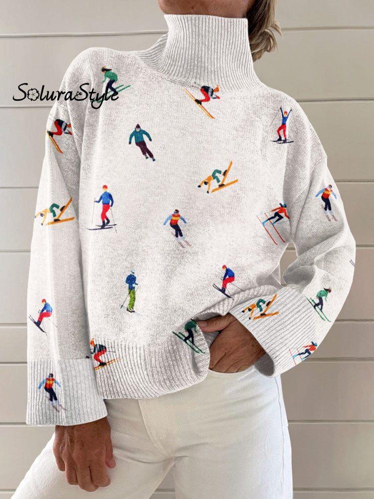 Vintage Winter Ski Print Knit Turtleneck Pullover Sweater– solurastyle